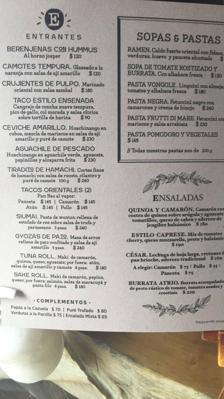 Menu at Atrio Restaurant, San Miguel de Allende