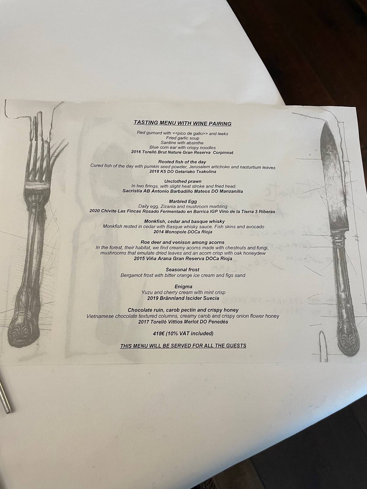 Menu at Arzak restaurant, San Sebastián, Alcalde J. Elosegi Hiribidea