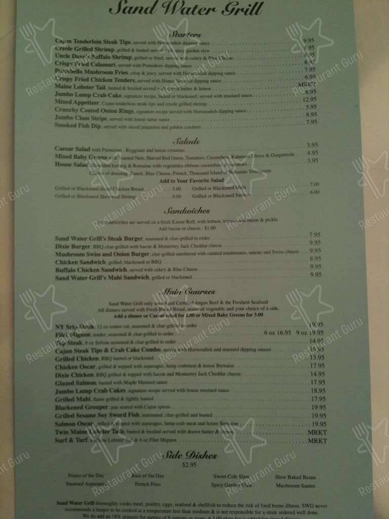 Menu at Sand Water Grill restaurant, Jupiter