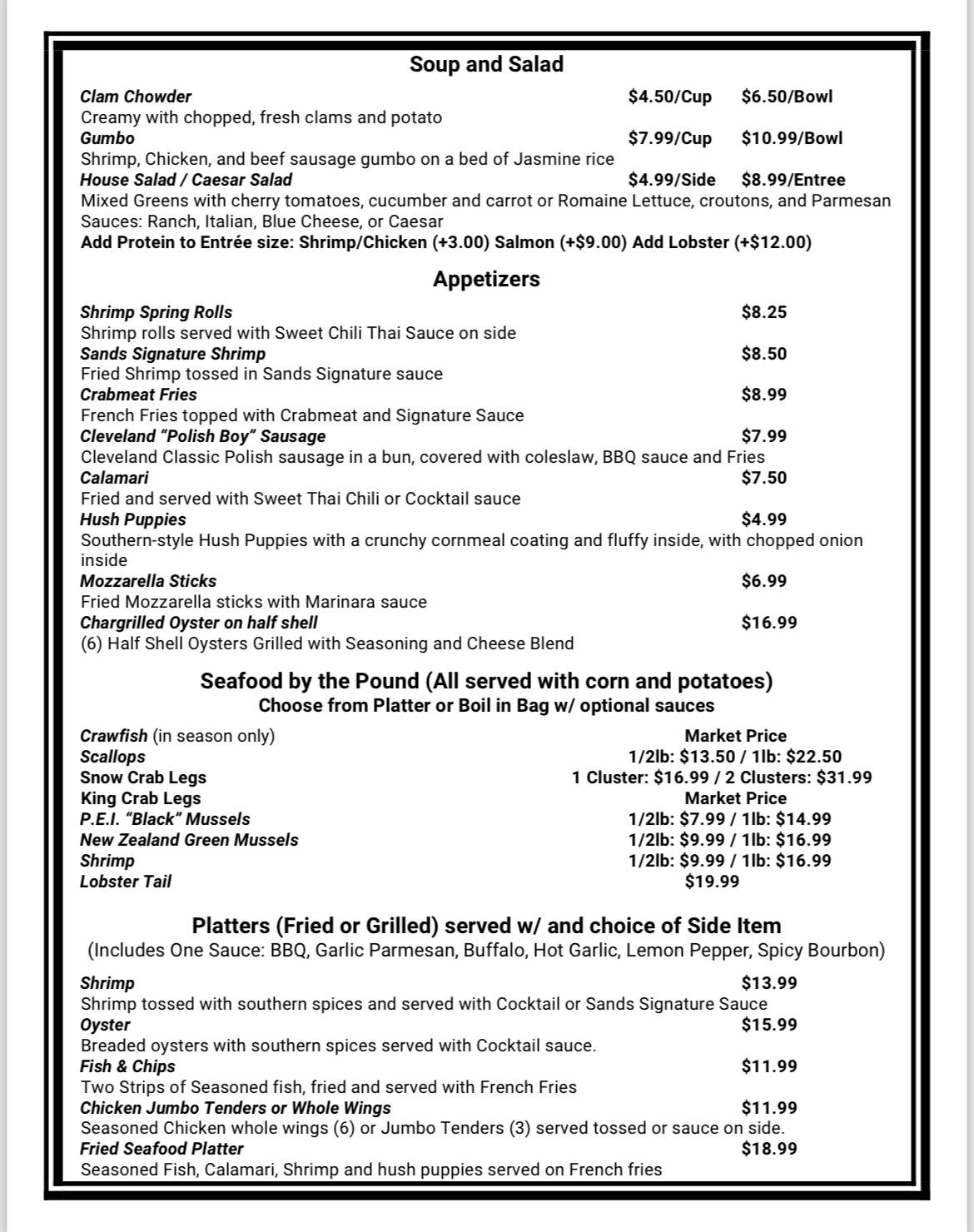 Menu at Sands Seafood and Sports Bar, Huber Heights