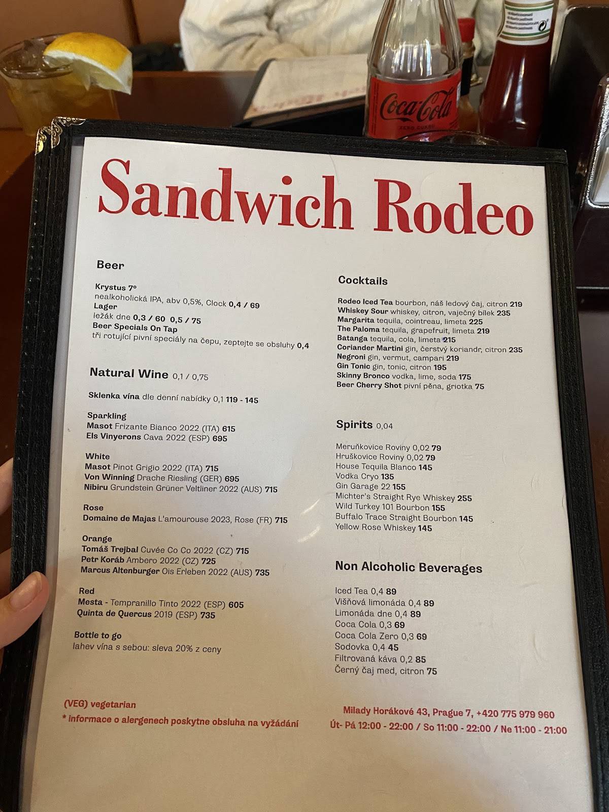 Menu at Sandwich Rodeo restaurant, Prague