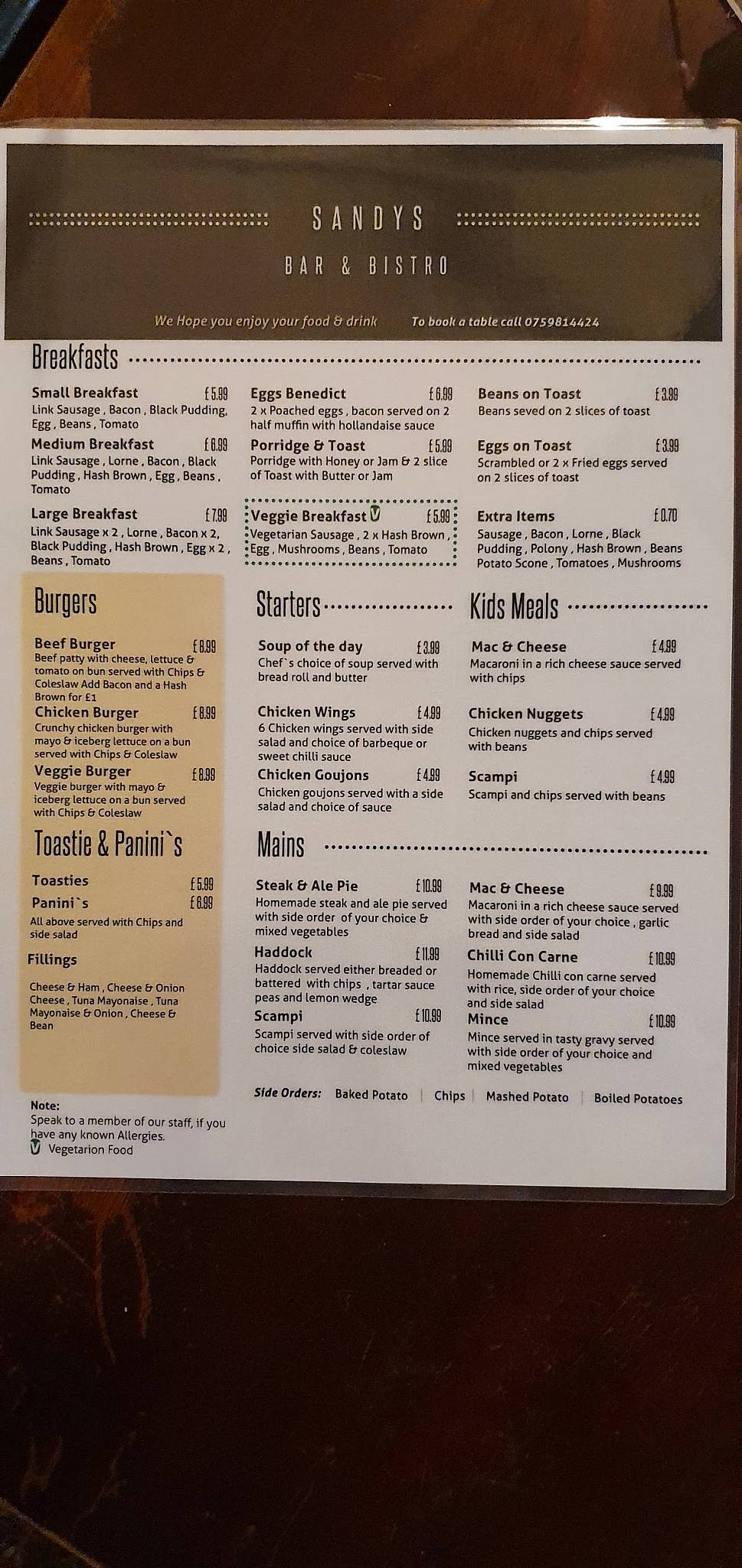 Menu at Sandy's Bar & Bistro, Dundee