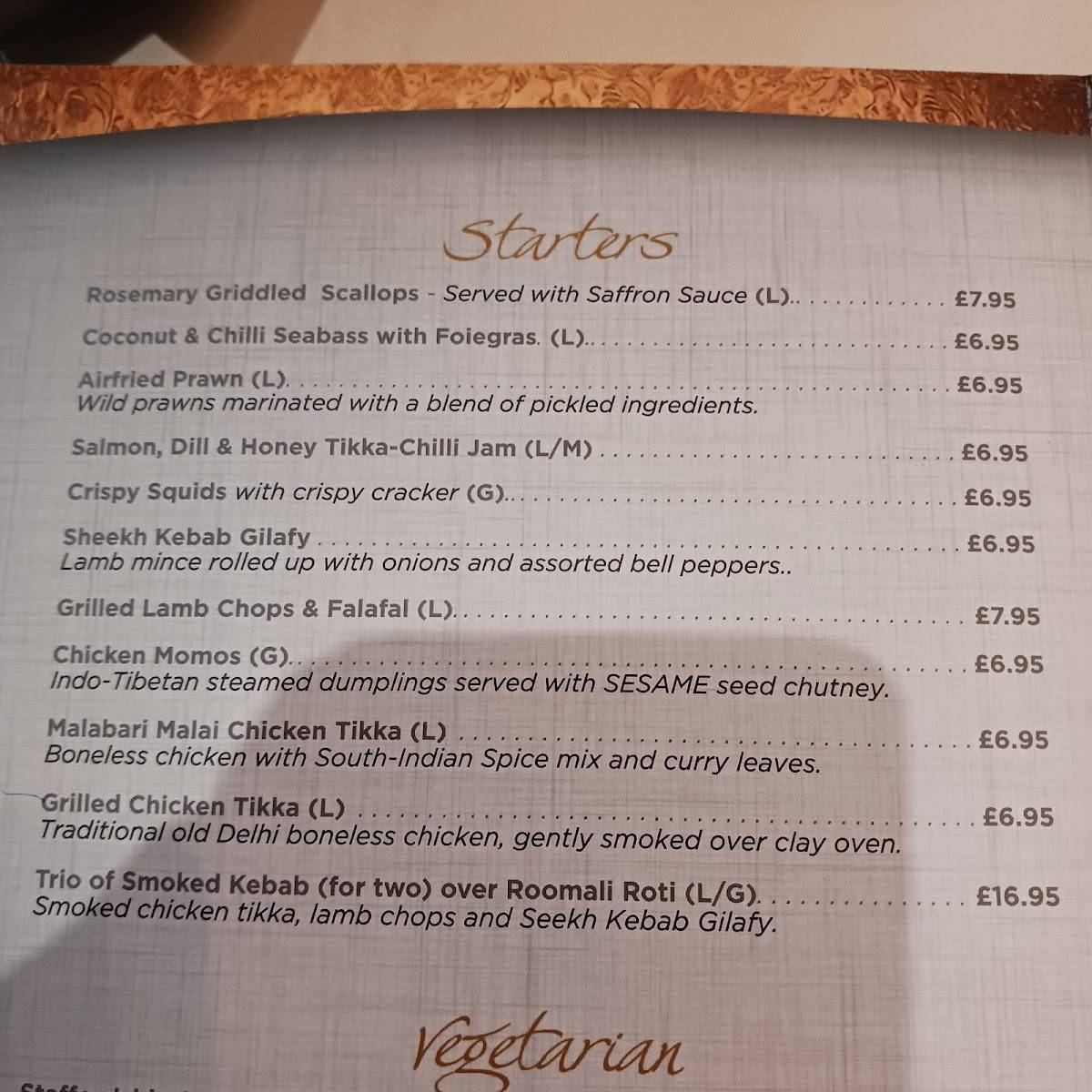 Menu at Sanjeev's restaurant, Stoke-on-Trent