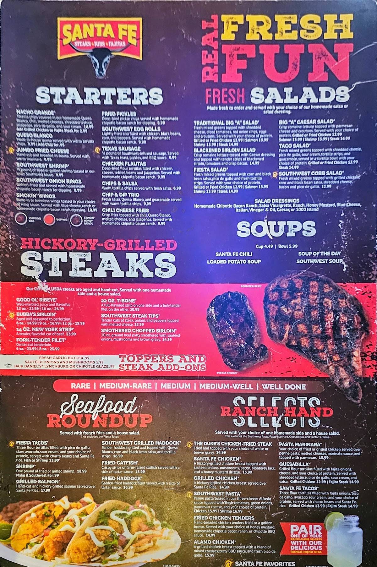 Menu at Santa Fe Cattle Company steakhouse, Enterprise