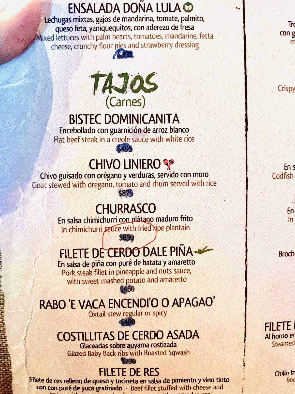 Carta del restaurante El Conuco, Santo Domingo