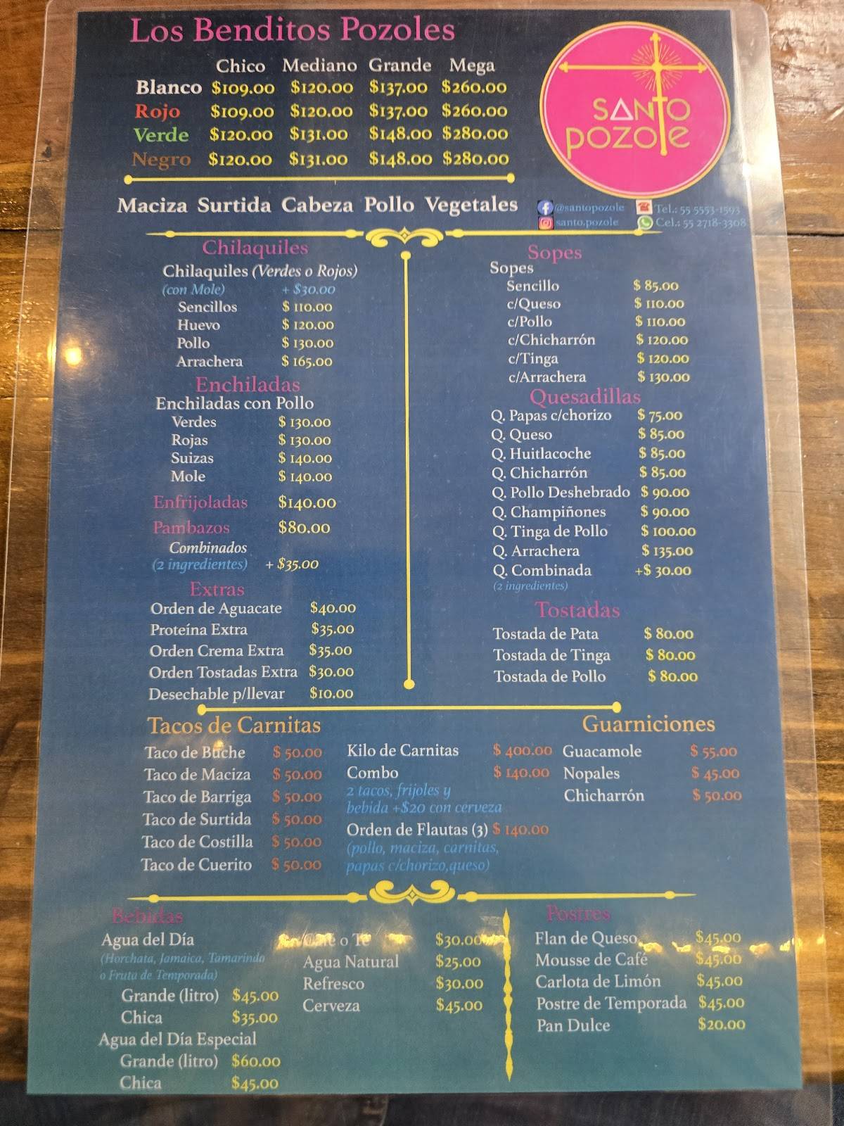 Carta del restaurante Santo Pozole, Ciudad del México