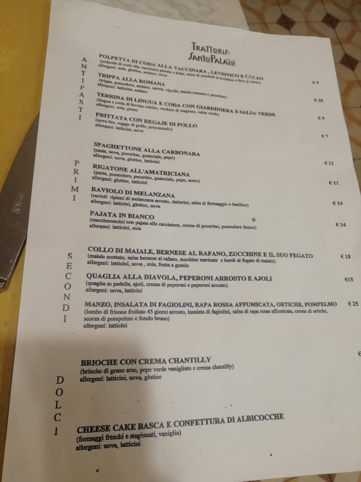 Menu da SantoPalato ristorante, Roma