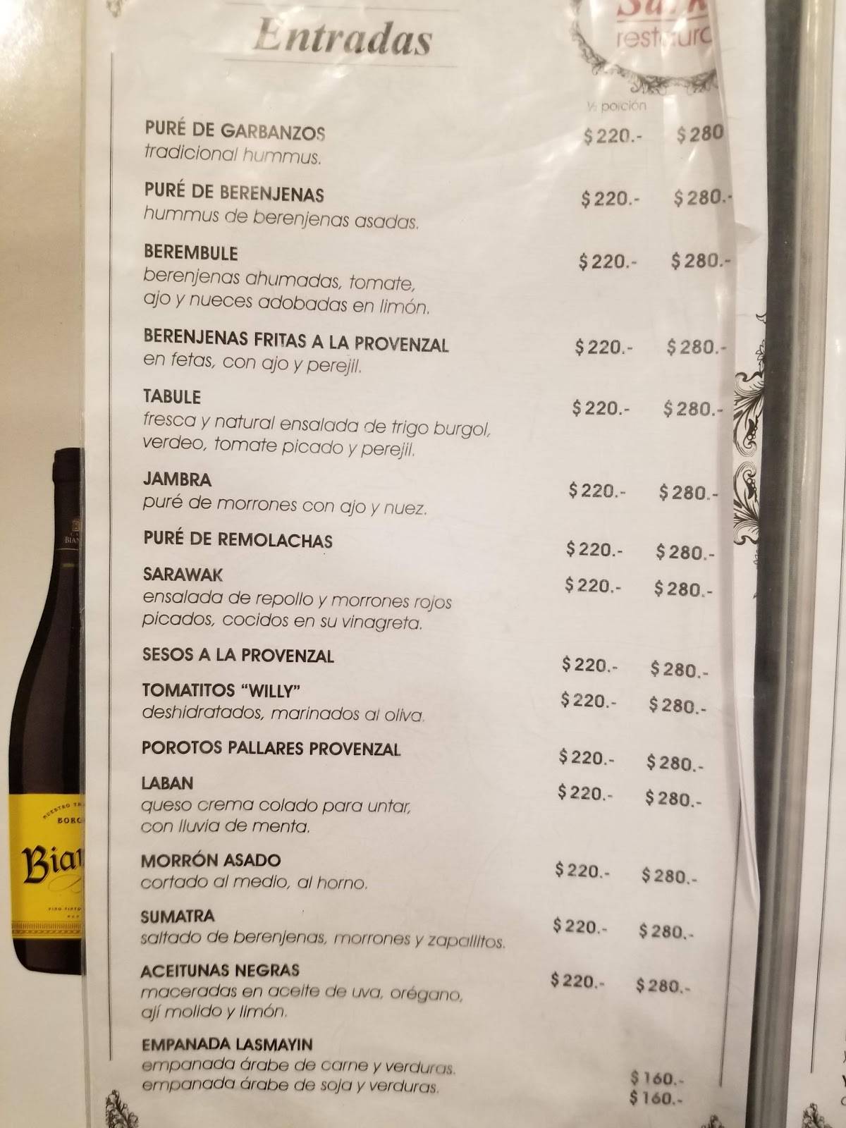 Carta del restaurante Sarkis, Buenos Aires