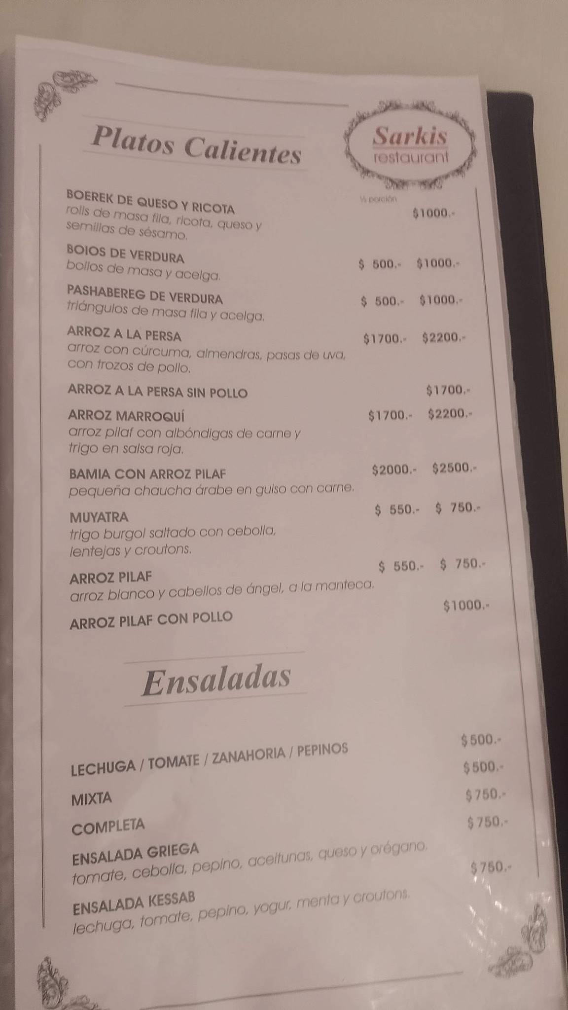 Carta del restaurante Sarkis, Buenos Aires