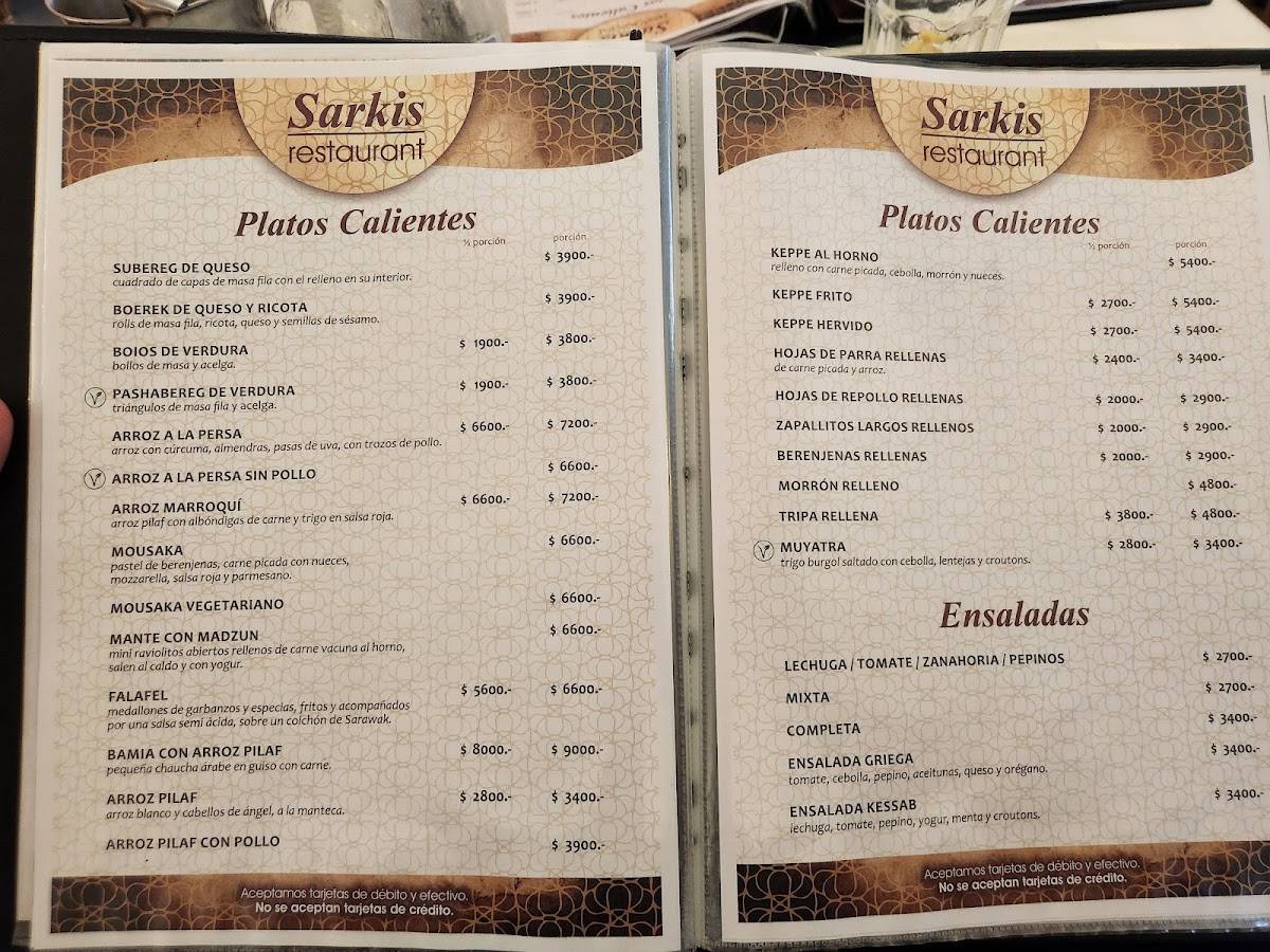 Carta del restaurante Sarkis, Buenos Aires