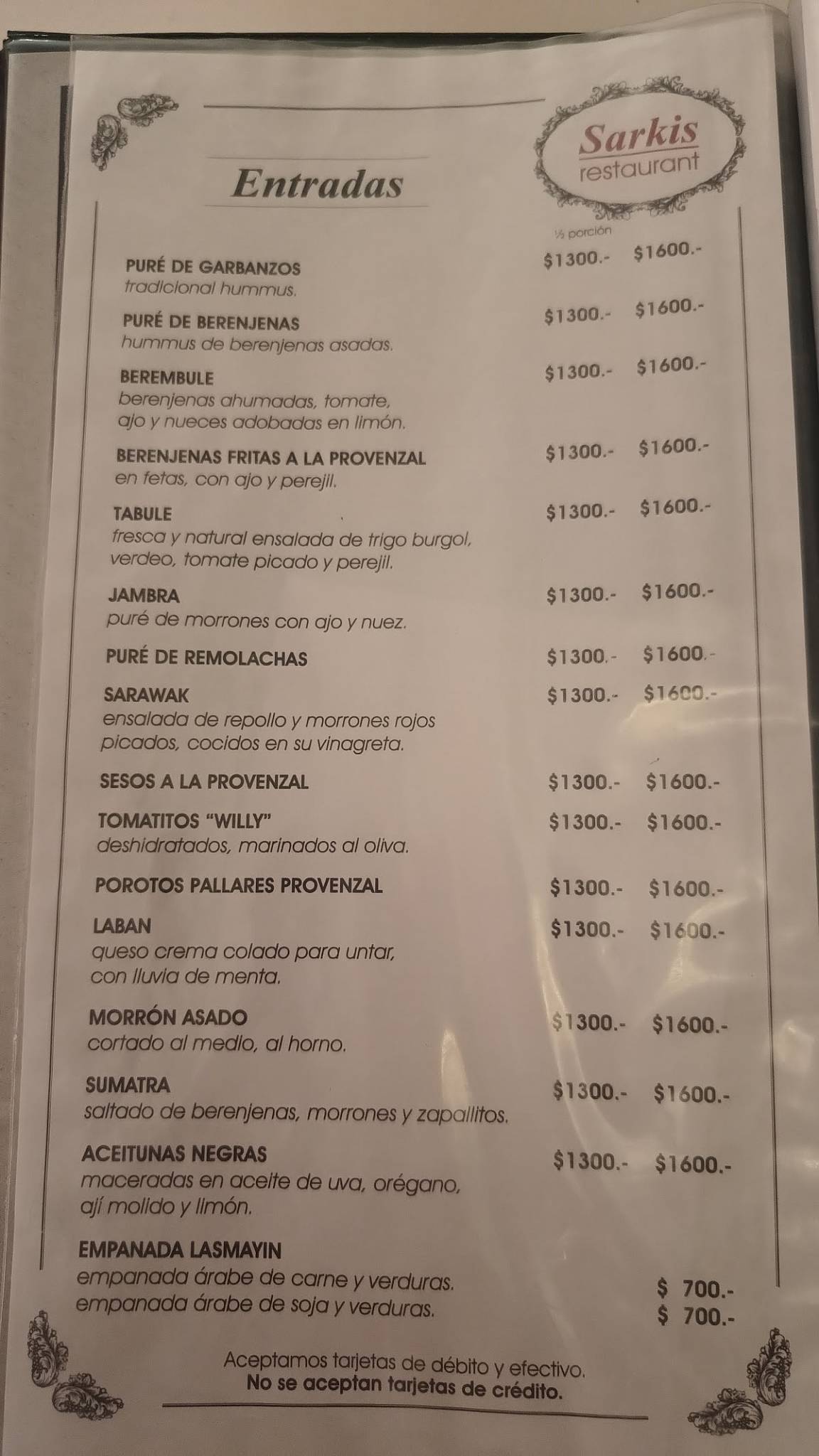 Carta del restaurante Sarkis, Buenos Aires