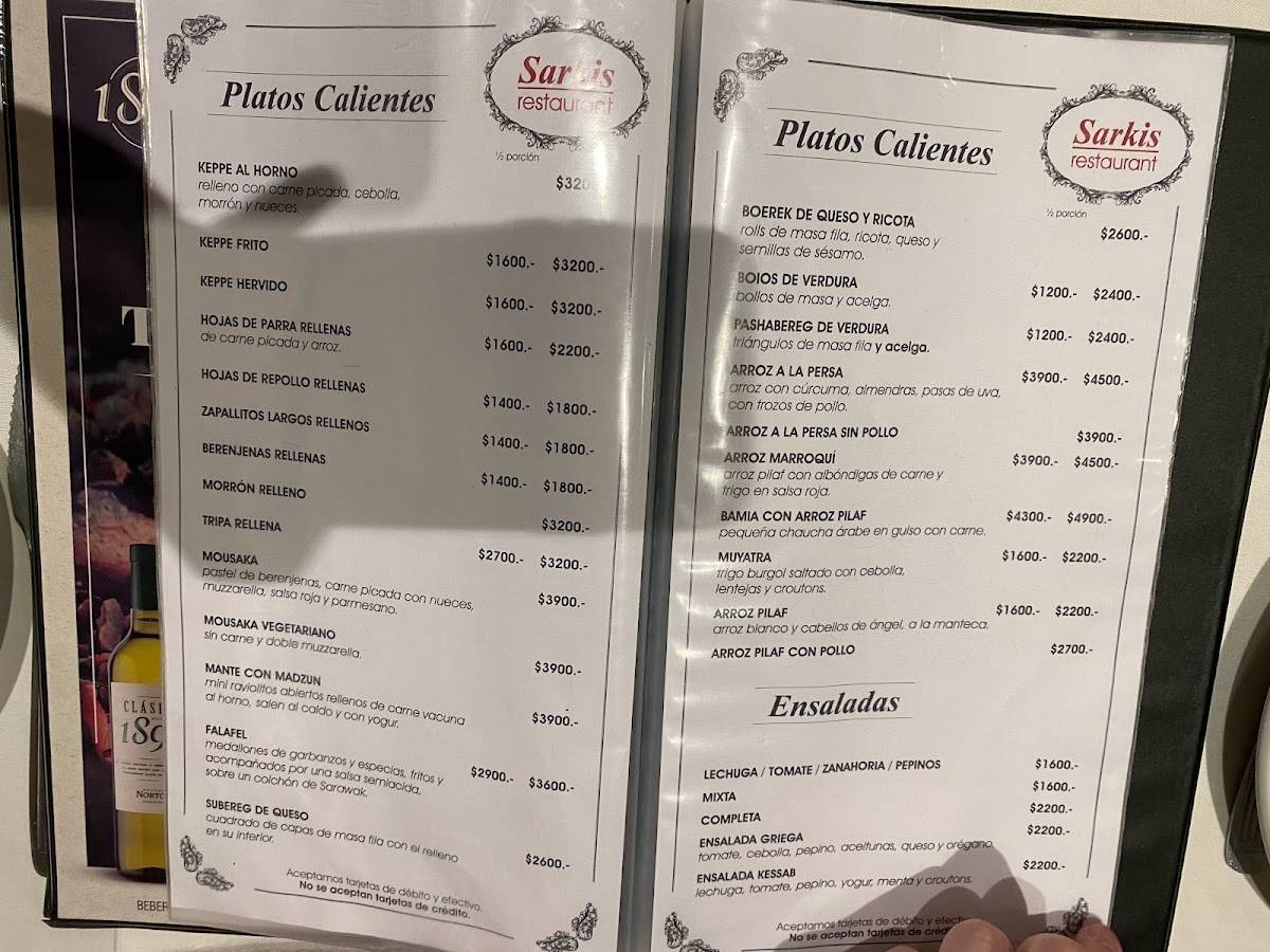 Carta del restaurante Sarkis, Buenos Aires