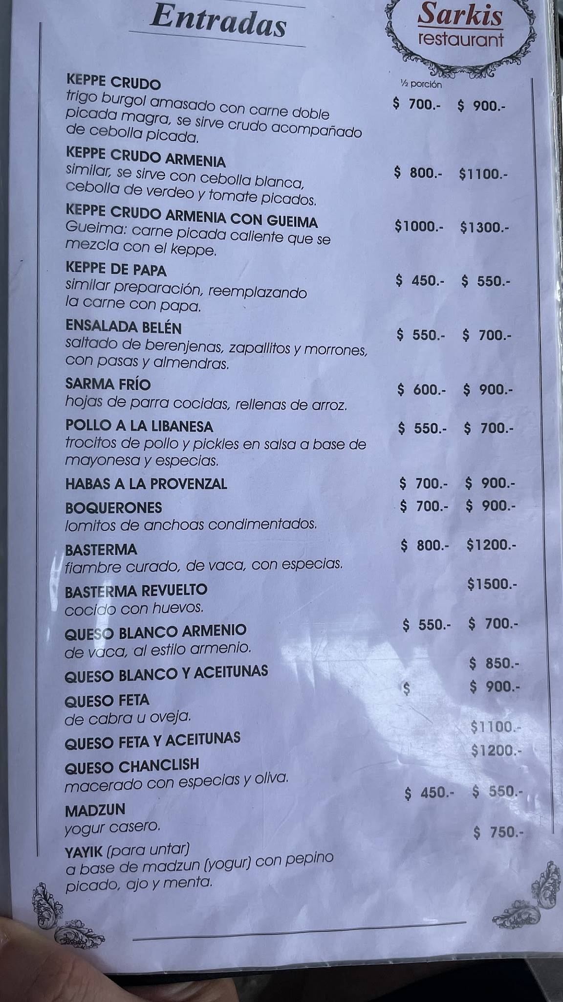 Carta del restaurante Sarkis, Buenos Aires