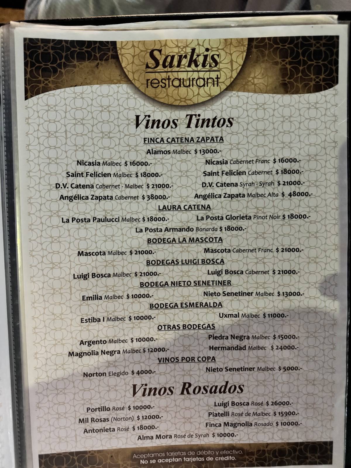 Menu at Sarkis restaurant, Buenos Aires