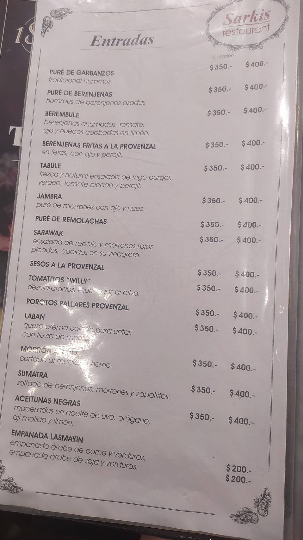 Carta del restaurante Sarkis, Buenos Aires