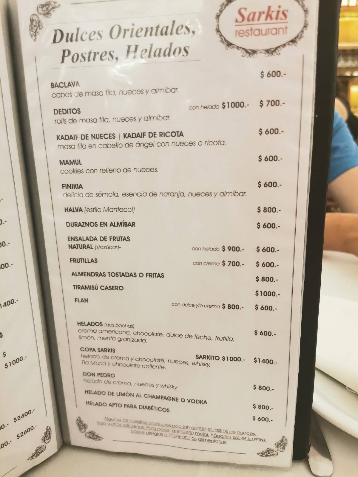 Carta del restaurante Sarkis, Buenos Aires