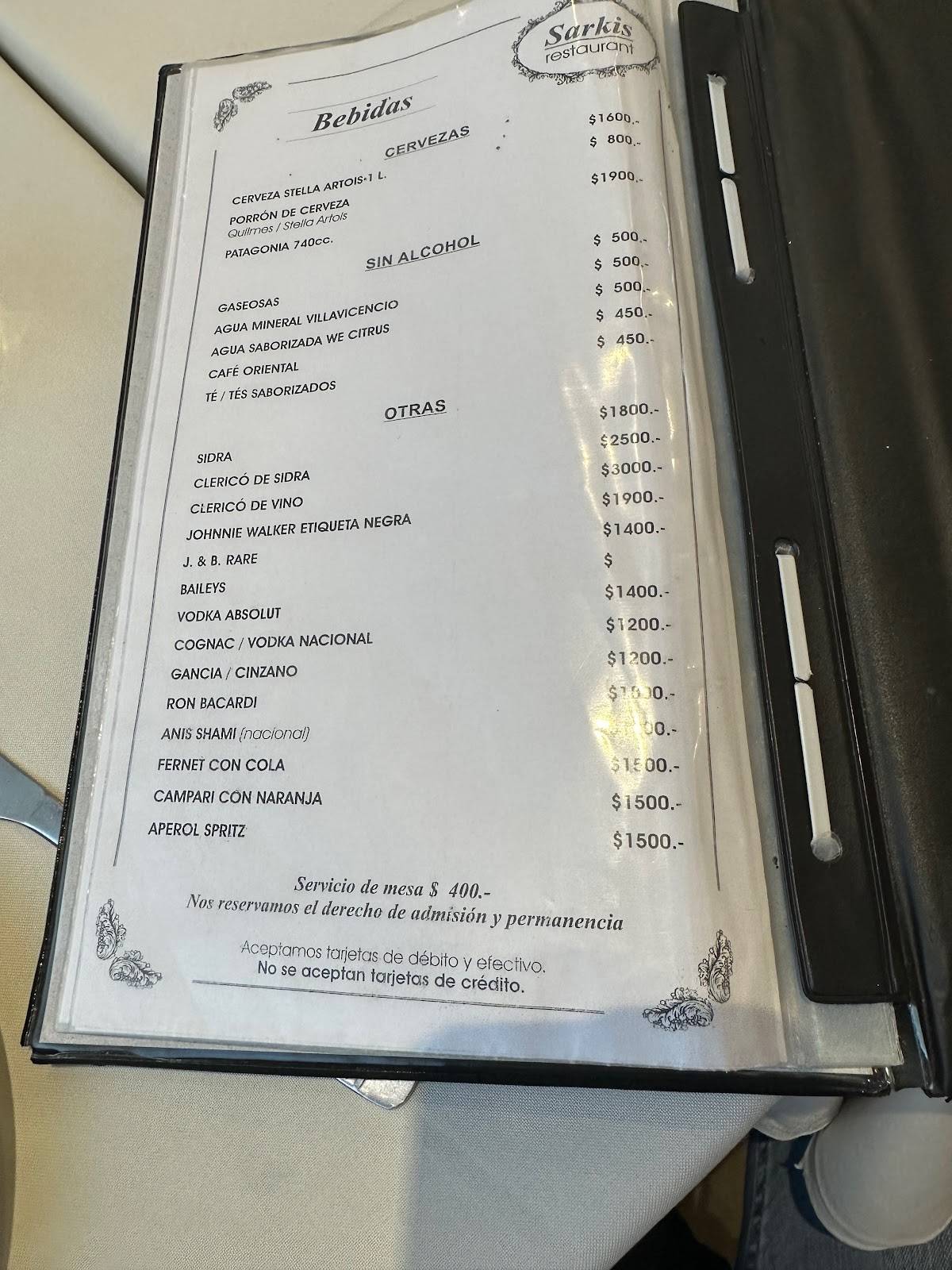 Carta del restaurante Sarkis, Buenos Aires