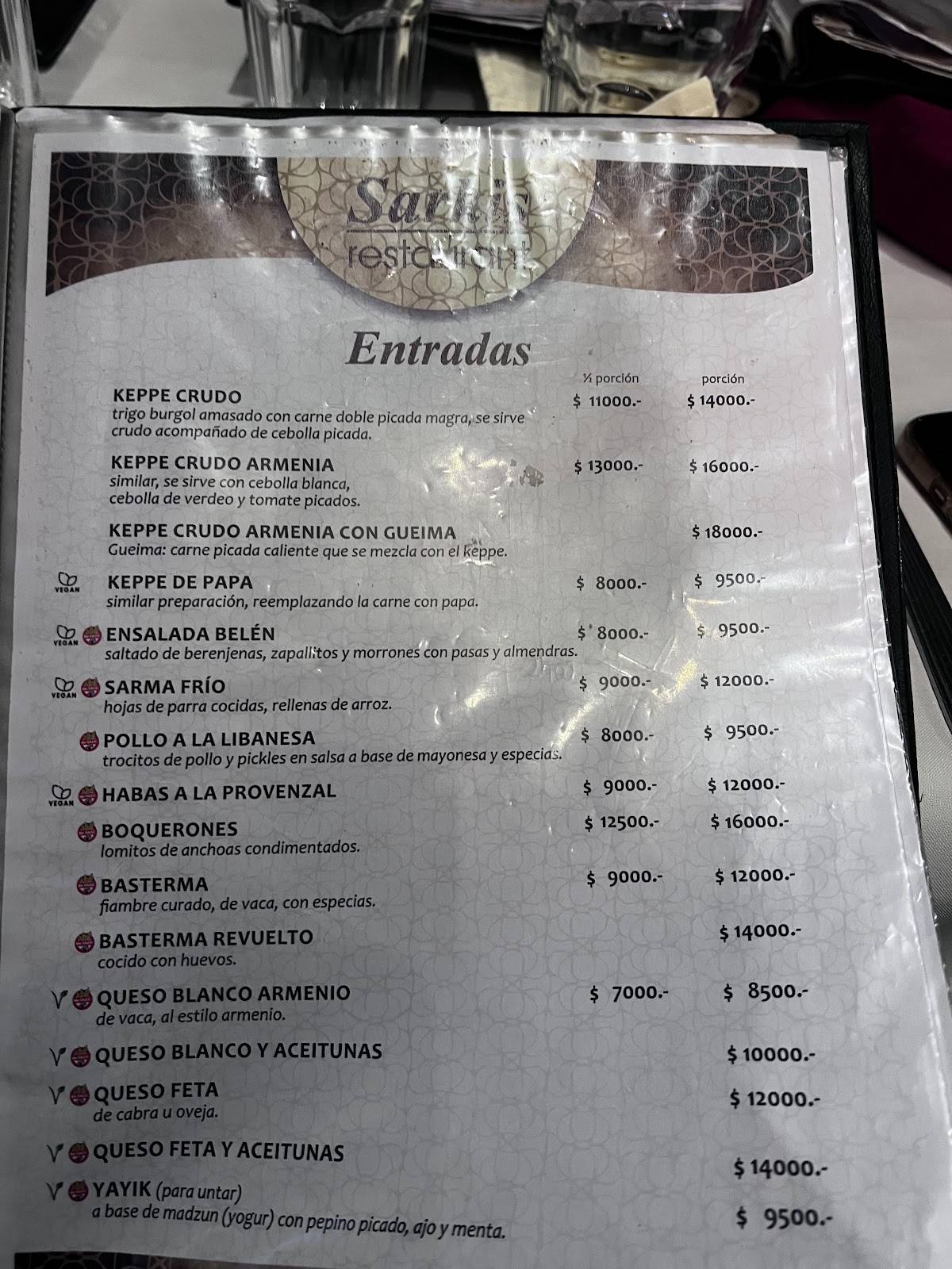Carta del restaurante Sarkis, Buenos Aires