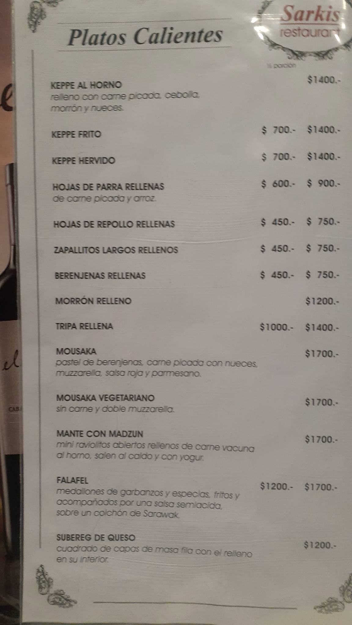 Carta del restaurante Sarkis, Buenos Aires