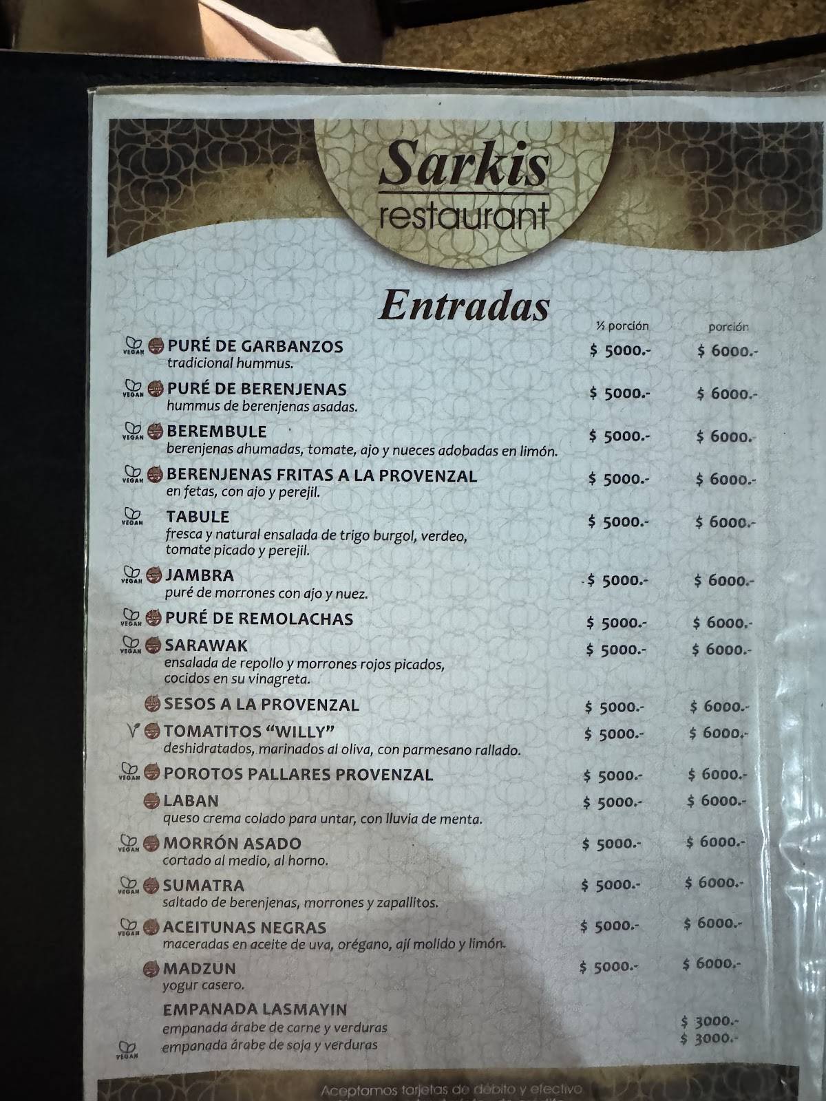 Menu at Sarkis restaurant, Buenos Aires