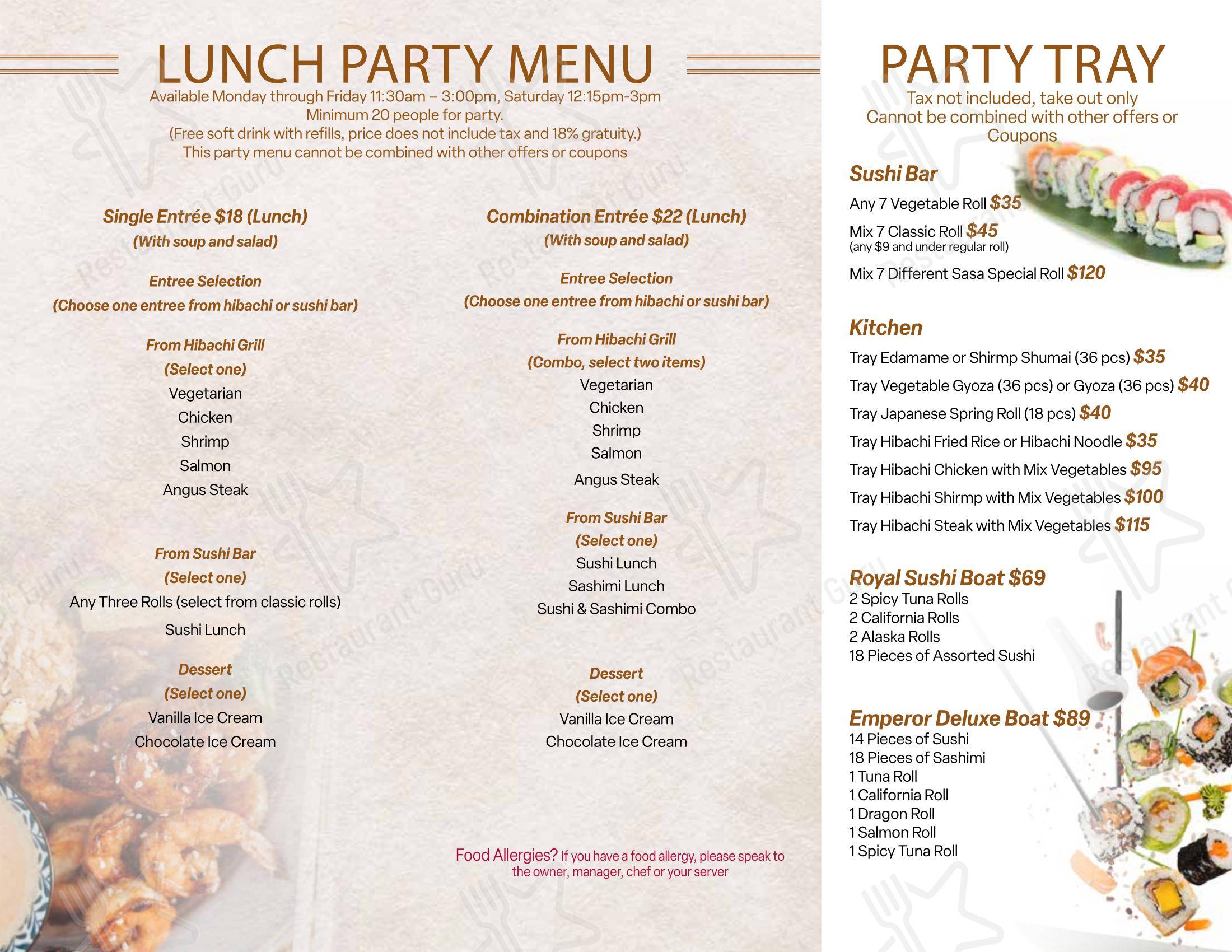 Menu at Sasa restaurant, Farmingdale, Broadhollow Rd