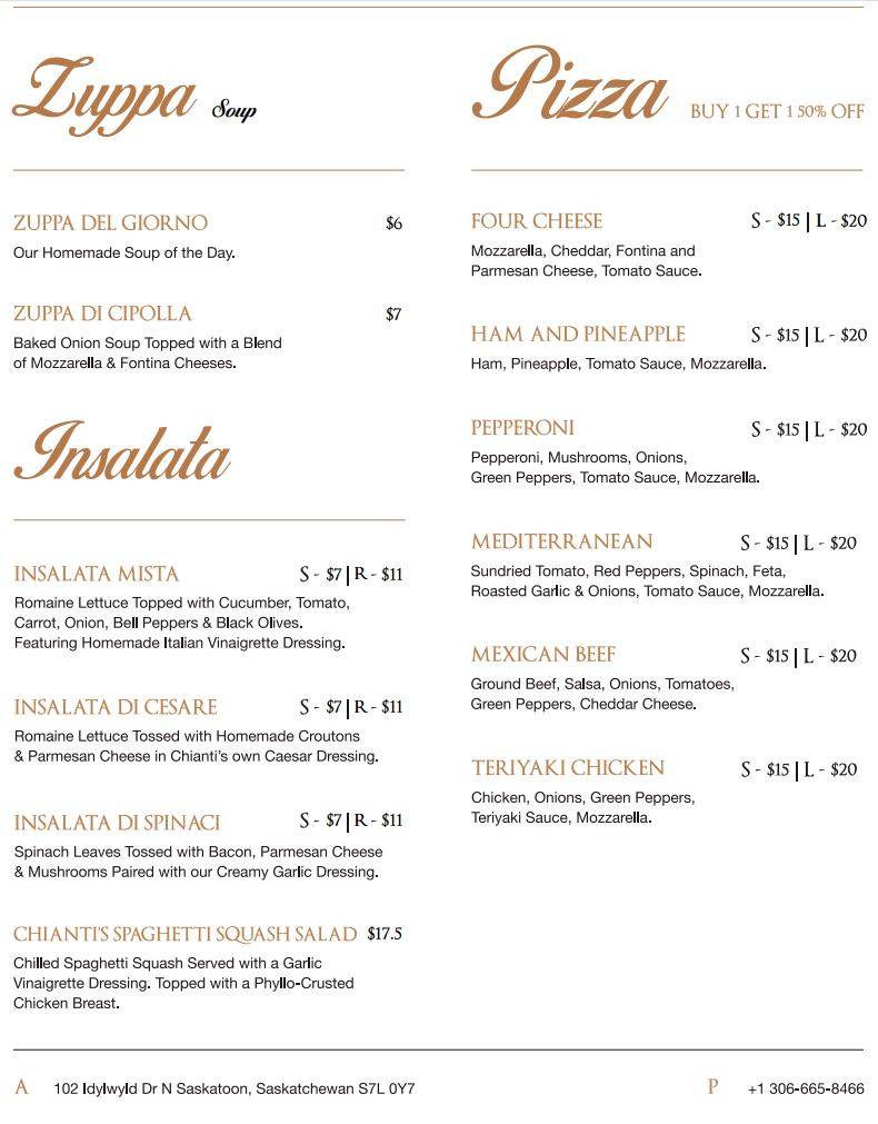 Menu at Chianti Cafe & Restaurant, Saskatoon