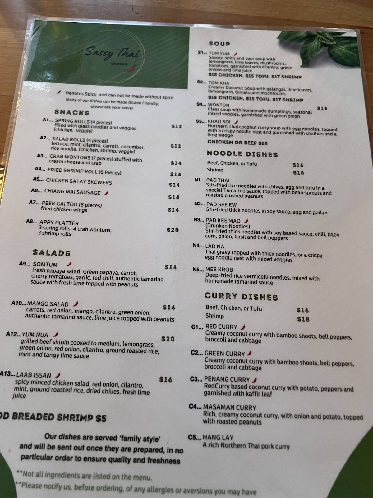 Menu at Sassy Thai restaurant, Winnipeg