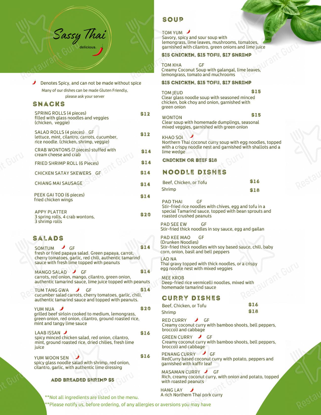 Menu at Sassy Thai restaurant, Winnipeg