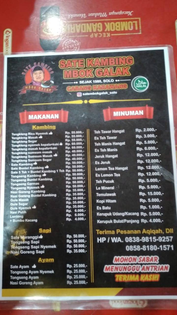 Menu at Sate Kambing Mbok Galak restaurant, Karawang