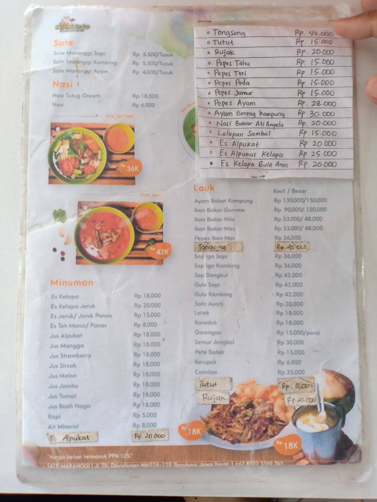 Menu at Sate Maranggi dan Sop Hj. Maya Pasteur restaurant, Bandung