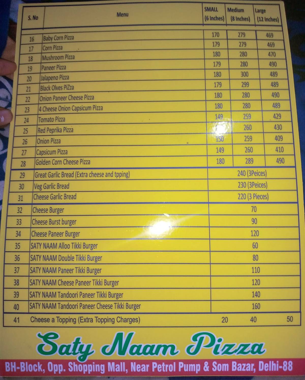 Menu at Saty naam pizza, Delhi