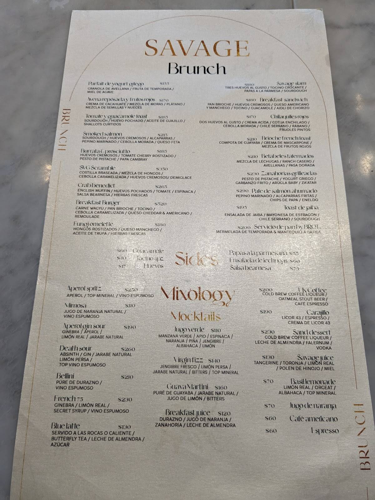 Menu at Savage restaurant, Tijuana