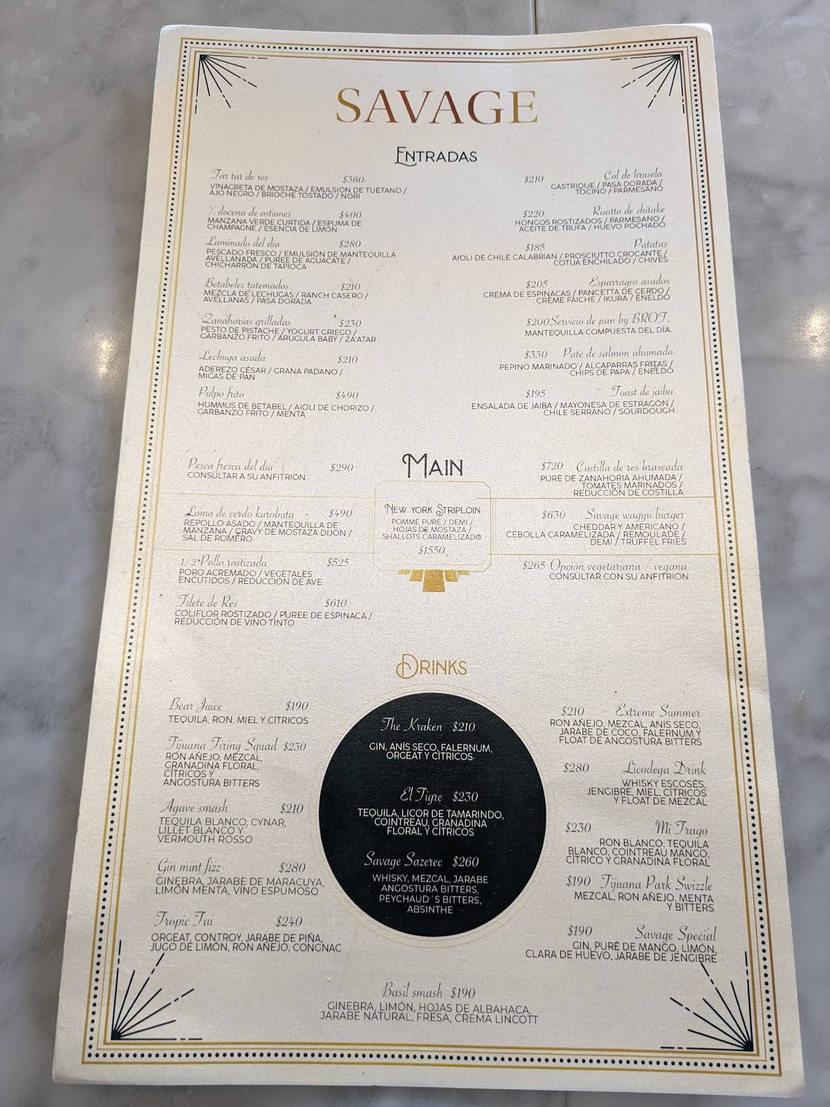 Menu at Savage restaurant, Tijuana