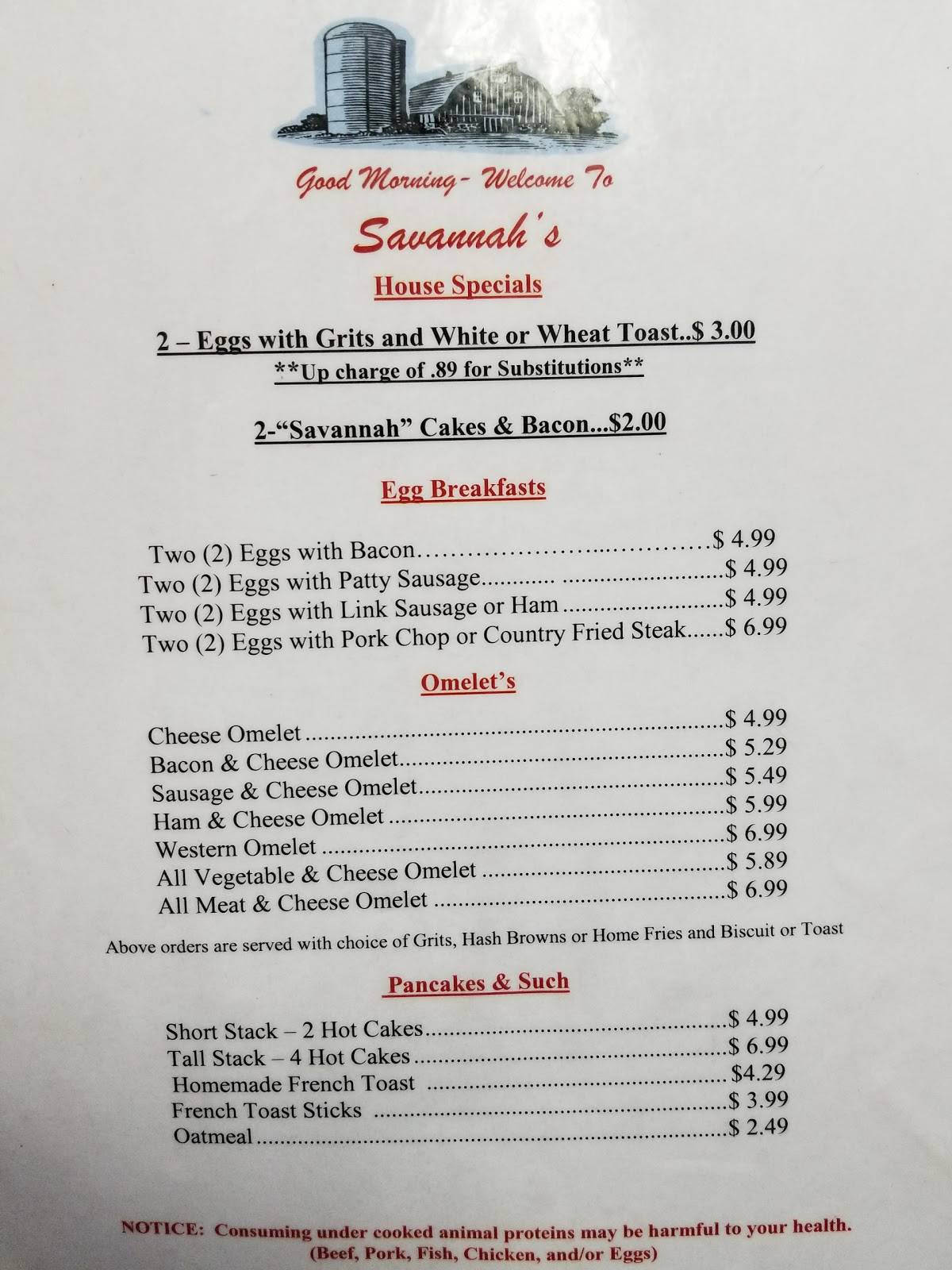 Menu at Savannah's Country Buffet restaurant, Tallahassee