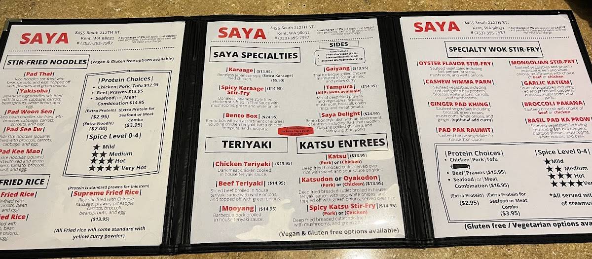 Menu at Saya Restaurant, Kent