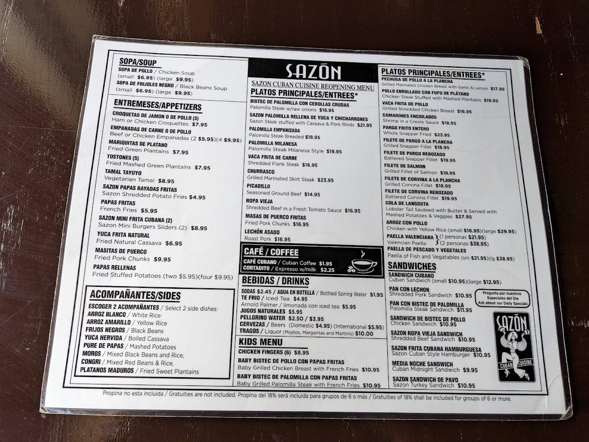 Menu at Sazon Cubano pub & bar, Miami Beach, Collins Ave