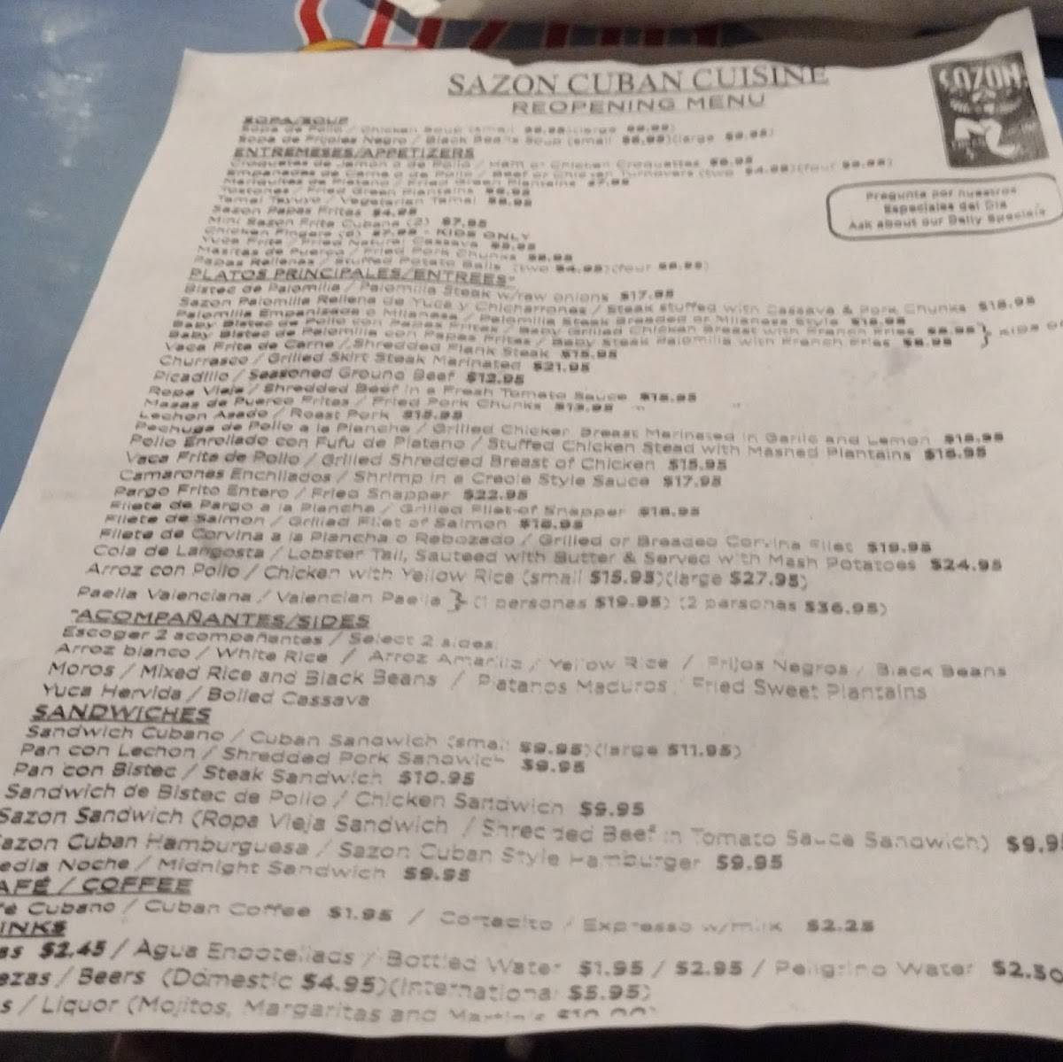 Menu at Sazon Cubano pub & bar, Miami Beach, Collins Ave