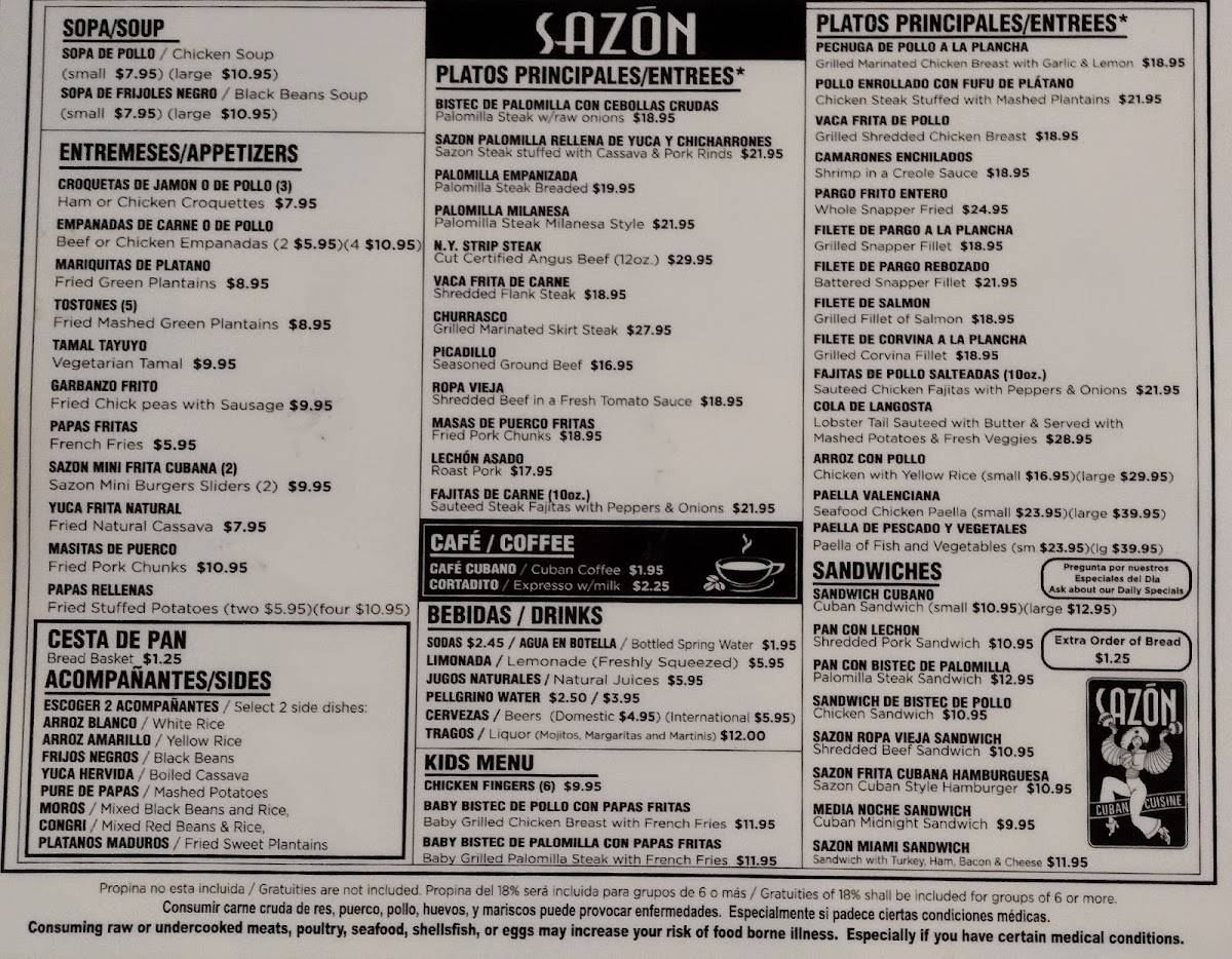 Menu at Sazon Cubano pub & bar, Miami Beach, Collins Ave