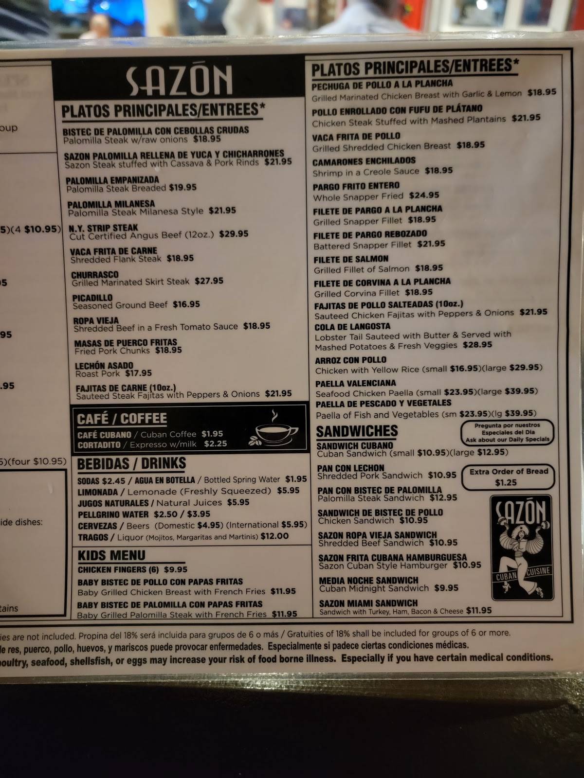 Menu at Sazon Cubano pub & bar, Miami Beach, Collins Ave