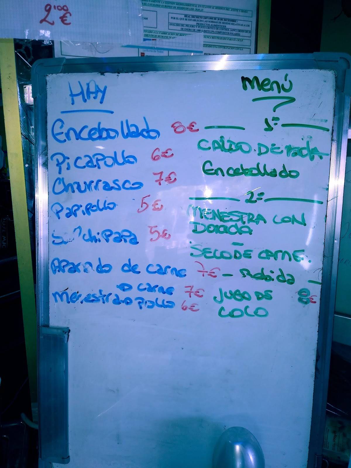 Menu at Sazón Guayaca restaurant, Madrid
