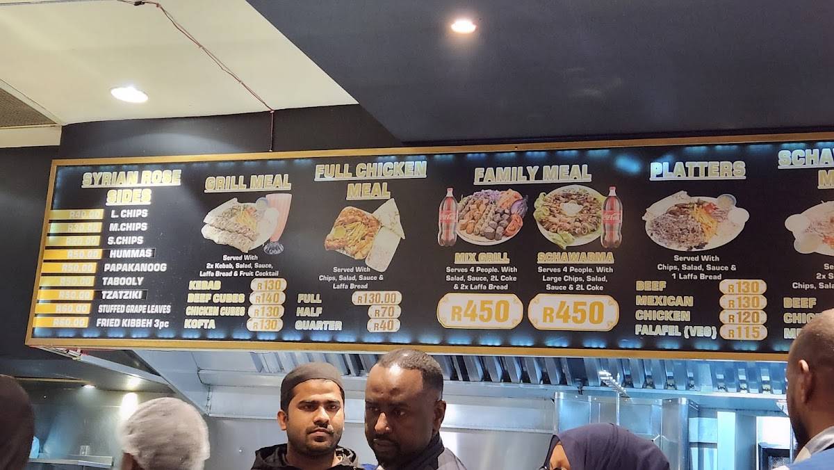 Menu at Schwarma Syrian Rose restaurant, Johannesburg