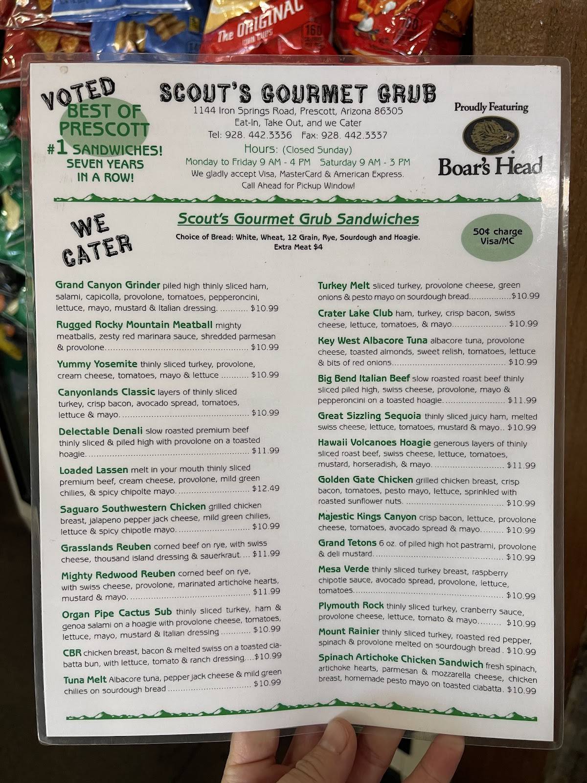 Menu at Scout's Gourmet Grub restaurant, Prescott