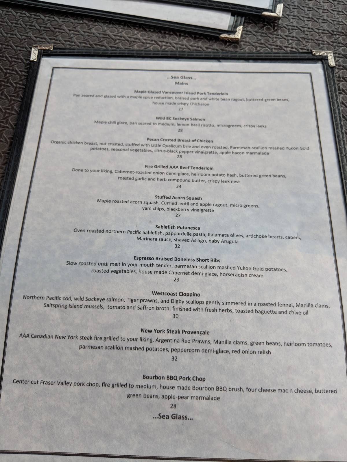 Menu at Sea Glass Waterfront Grill restaurant, Sidney