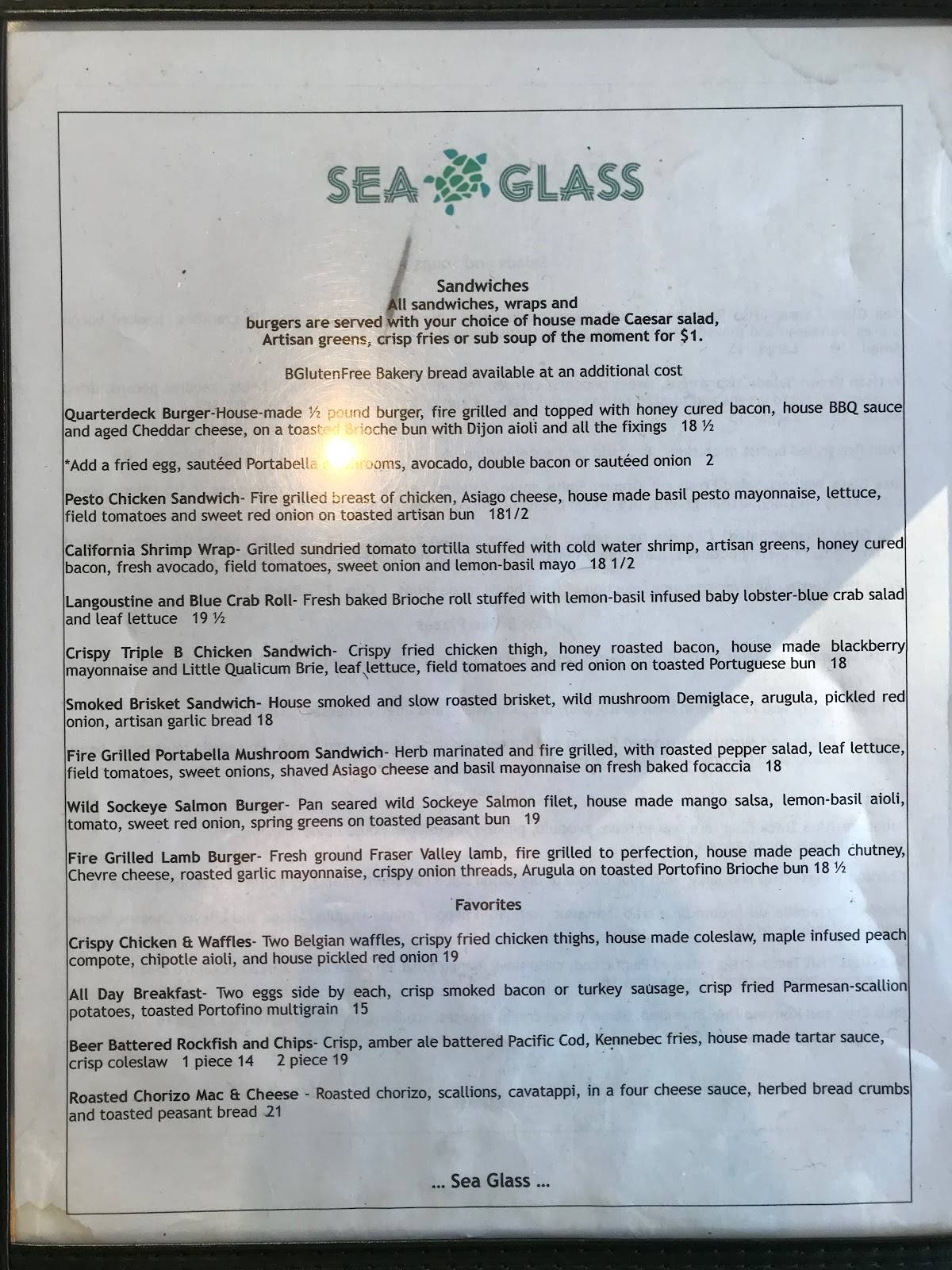 Menu at Sea Glass Waterfront Grill restaurant, Sidney