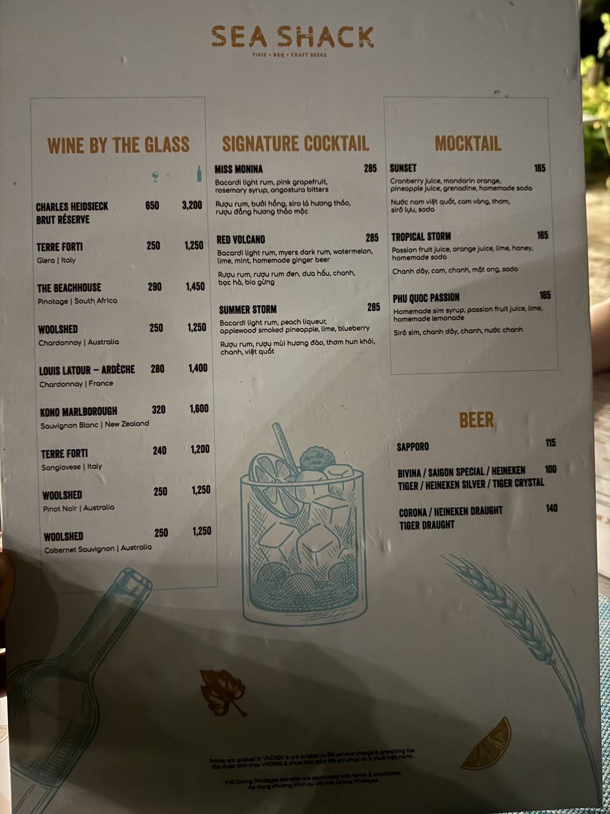 Menu at Sea Shack restaurant, Phu Quoc, 4X7J+2RJ