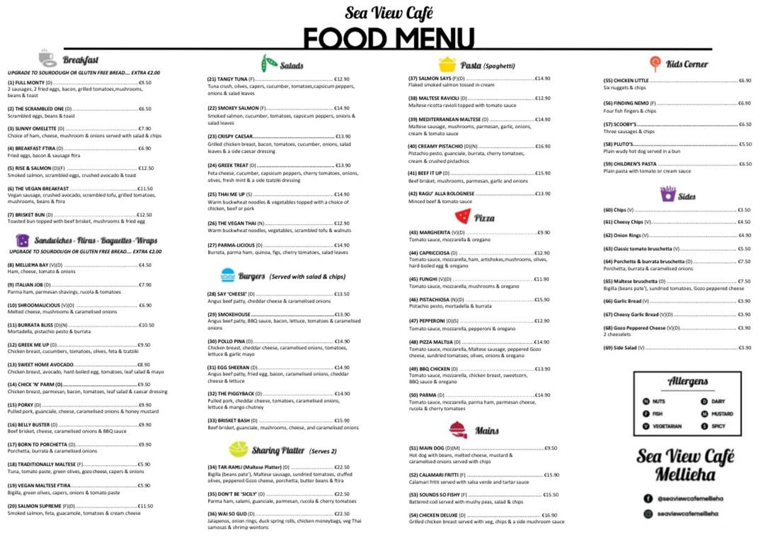 Menu at Sea View Cafe/Bar, Mellieha