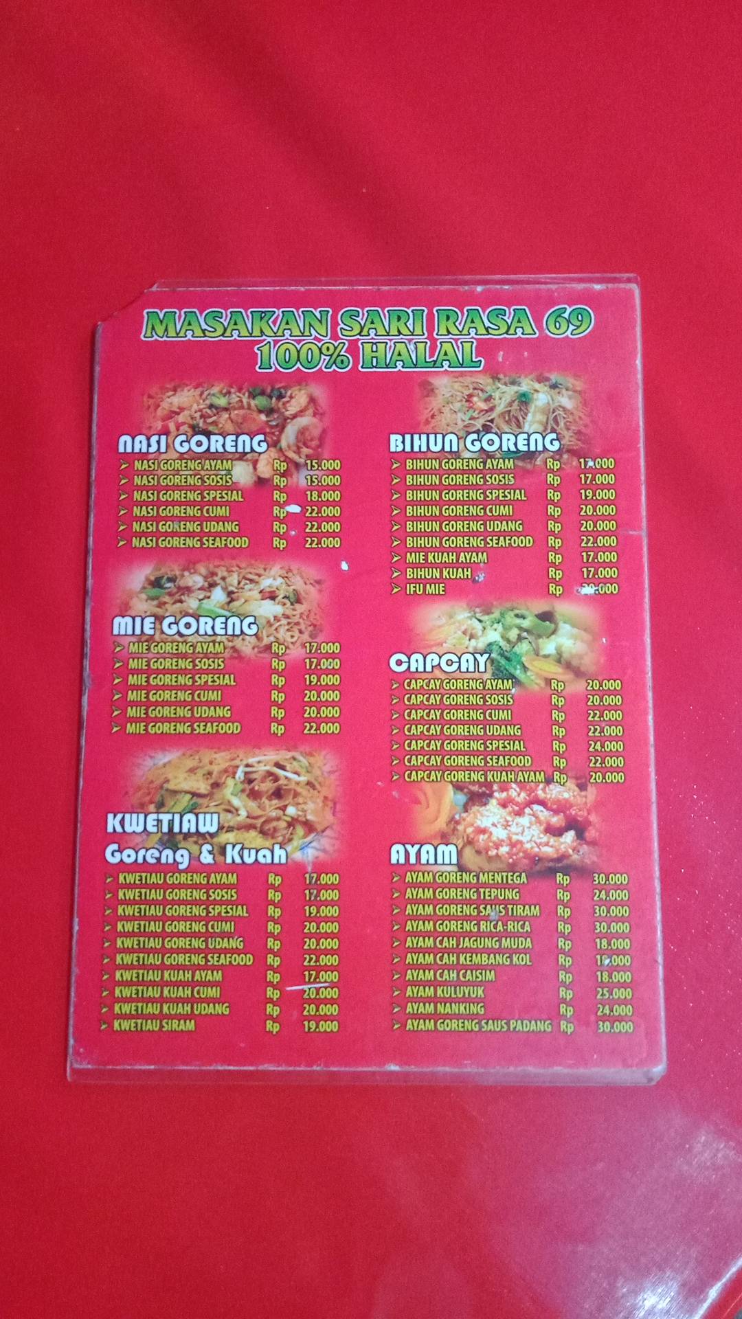 Menu at Seafood Sari Rasa 69 restaurant, Indonesia