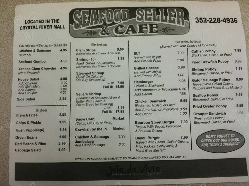 Menu at Seafood Seller & Cafe, Crystal River, 300 SE US Highway 19