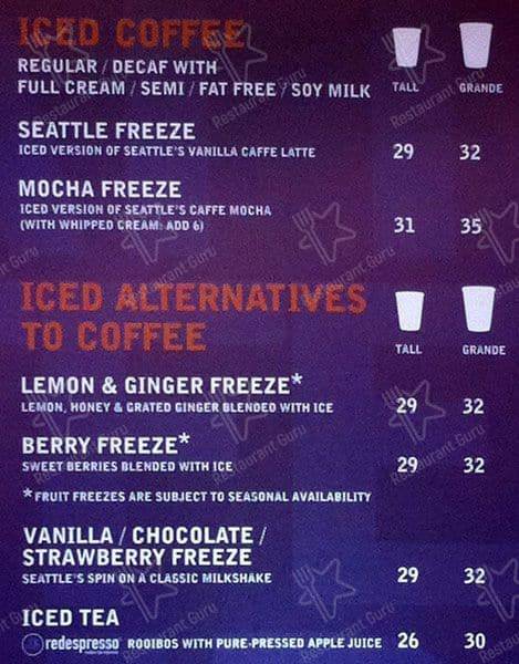 Menu at Seattle Coffee cafe, Cape Town, 285 Belgravia Road