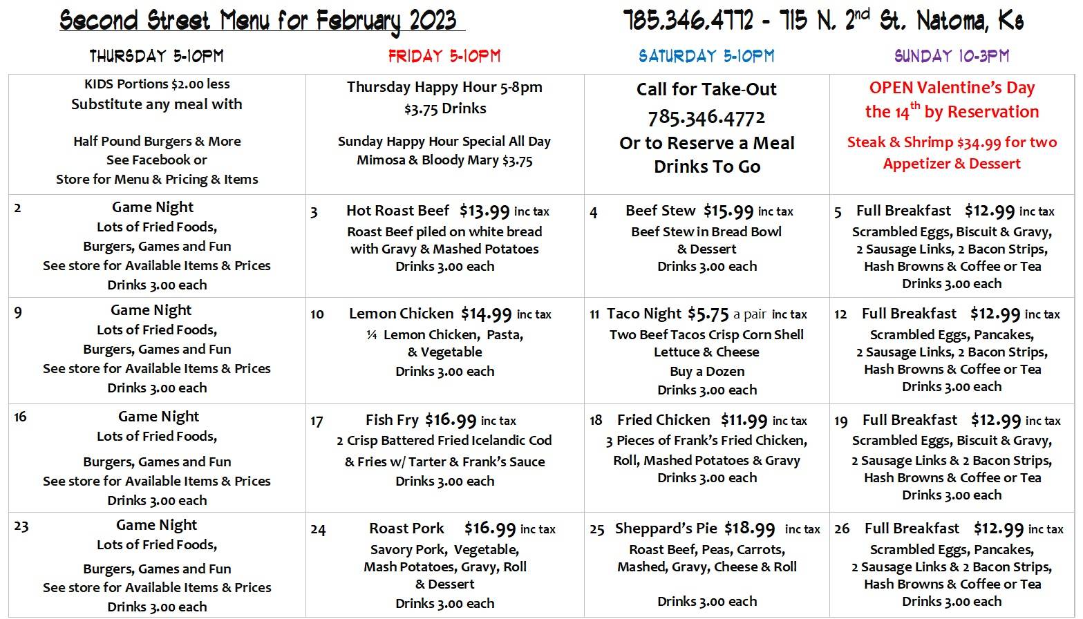 Menu at Second Street Cafe and Retail Shop, Natoma